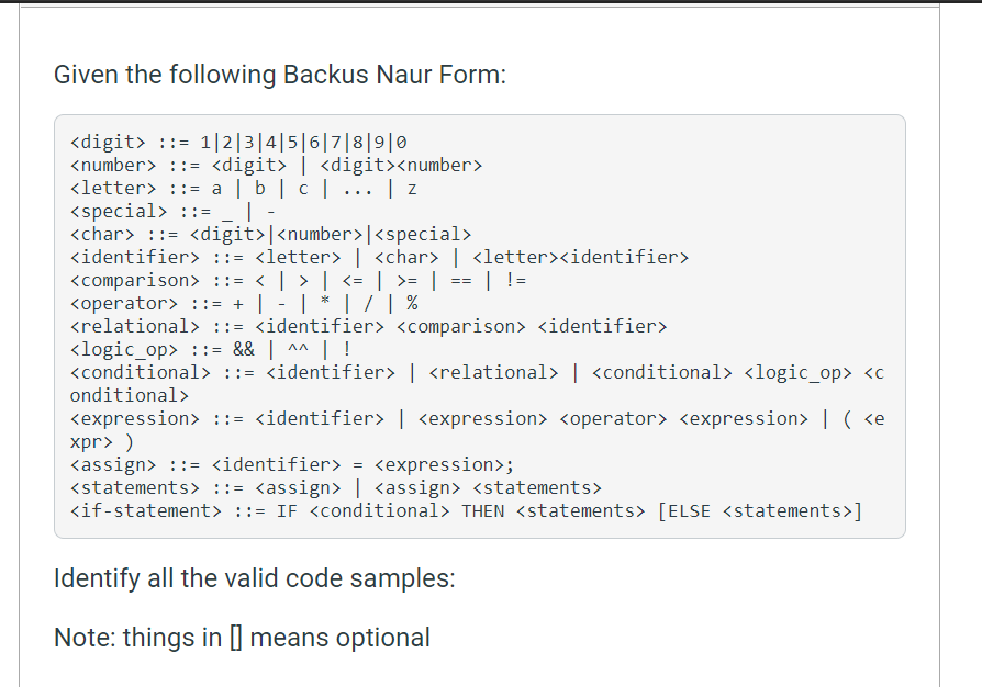 Solved Given the following Backus Naur Form: * ::= | Chegg.com