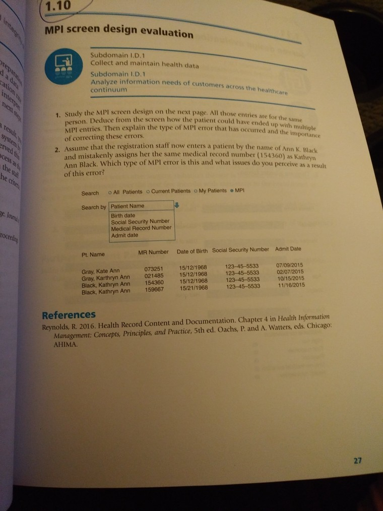 1.10 MPI screen design evaluation Subdomain I.D. 1 | Chegg.com