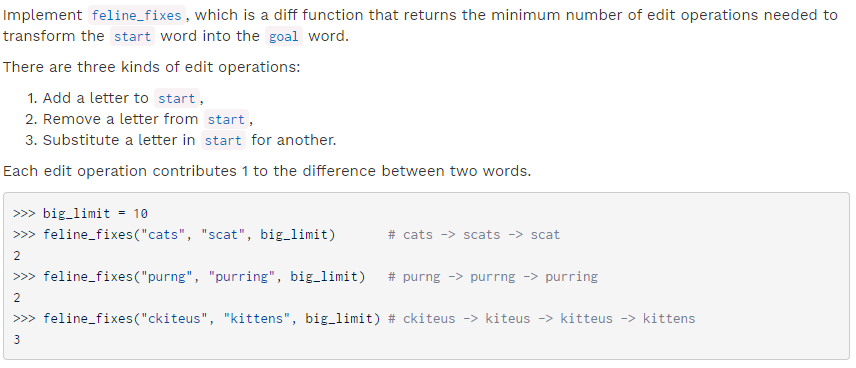 Solved Implement feline_fixes, which is a diff function that | Chegg.com