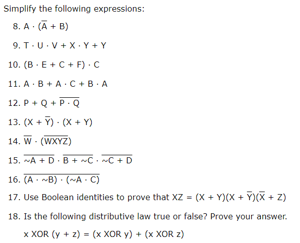 Solved Simplify the following expressions: 8. A⋅(Aˉ+B) 9. | Chegg.com