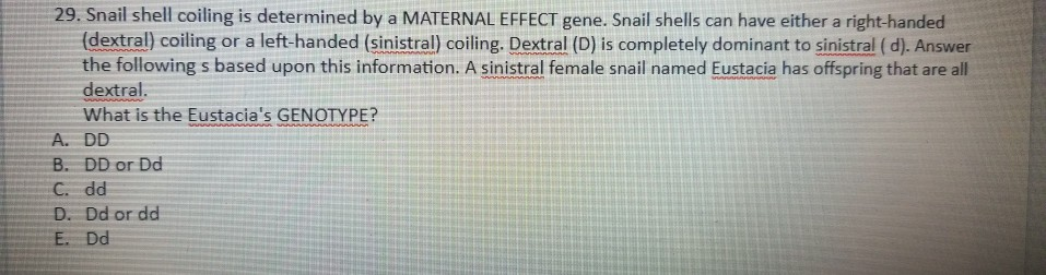 Solved 29. Snail shell coiling is determined by a MATERNAL | Chegg.com