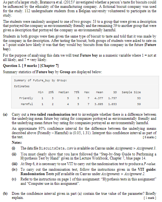 Solved 1. State the parameter of interest (symbol and | Chegg.com