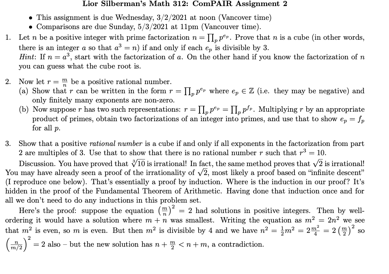 Solved 1. Lior Silberman's Math 312: ComPAIR Assignment 2 • | Chegg.com