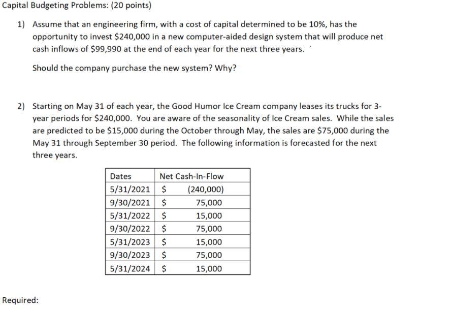 Solved Capital Budgeting Problems: (20 points) 1) Assume | Chegg.com