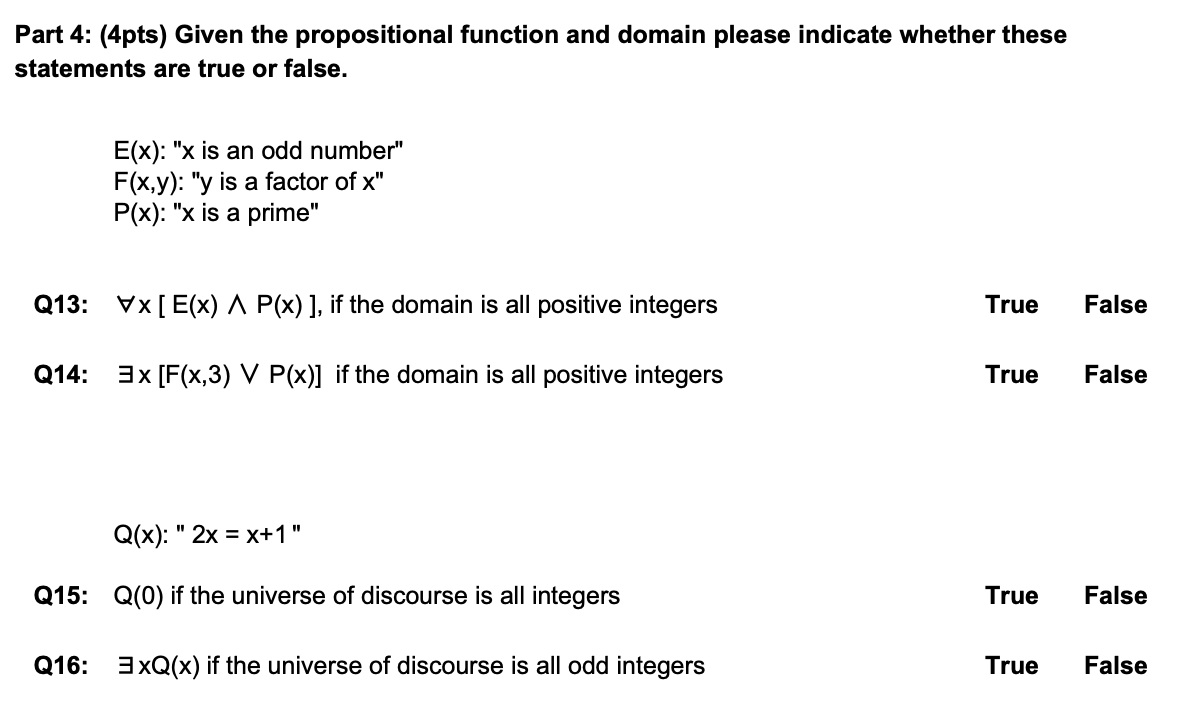 Solved Part 4 4pts Given The Propositional Function And 7359