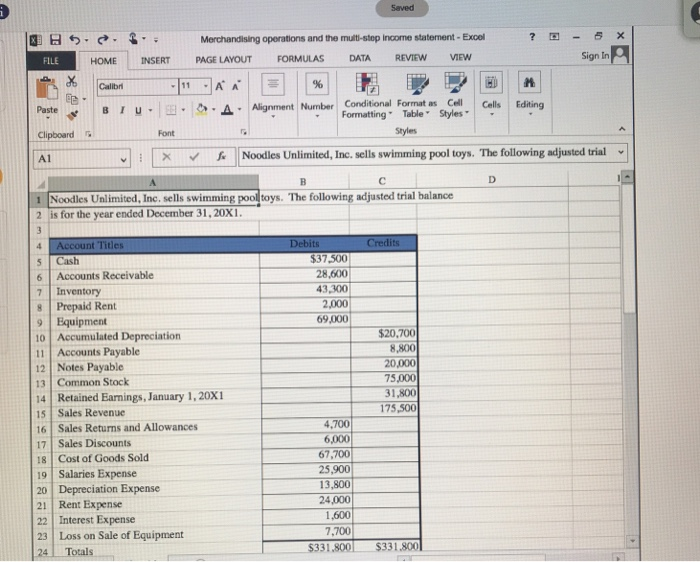Solved Preparing a Multi-Step Income Statement using Excel's | Chegg.com