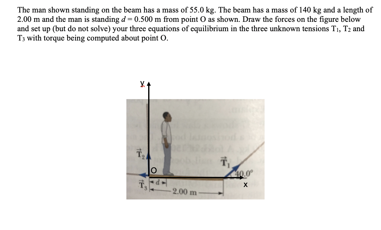Solved The man shown standing on the beam has a mass of 55.0 | Chegg.com