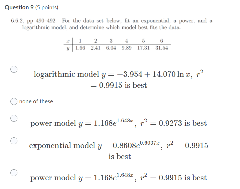 Solved Question 9 (5 points) 6.6.2, pp 490 492. For the data | Chegg.com