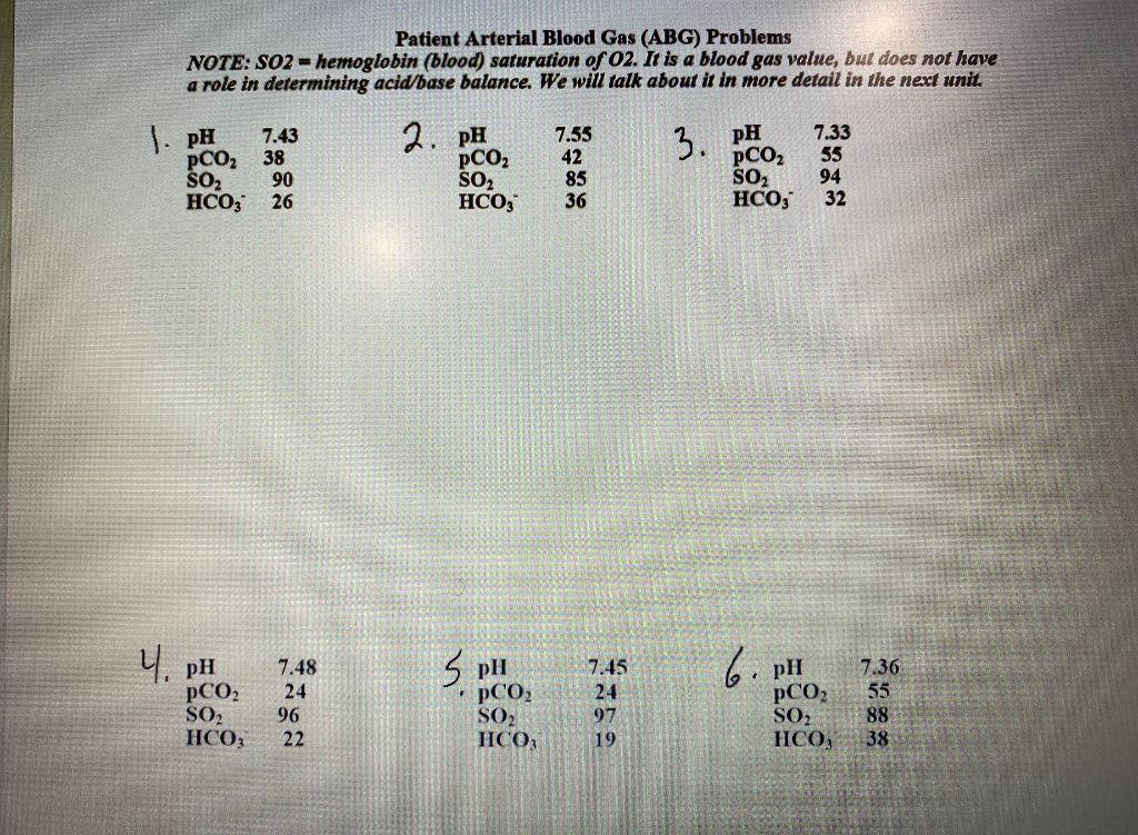 Patient Arterial Blood Gas (ABG) Problems NOTE: SO2 - | Chegg.com