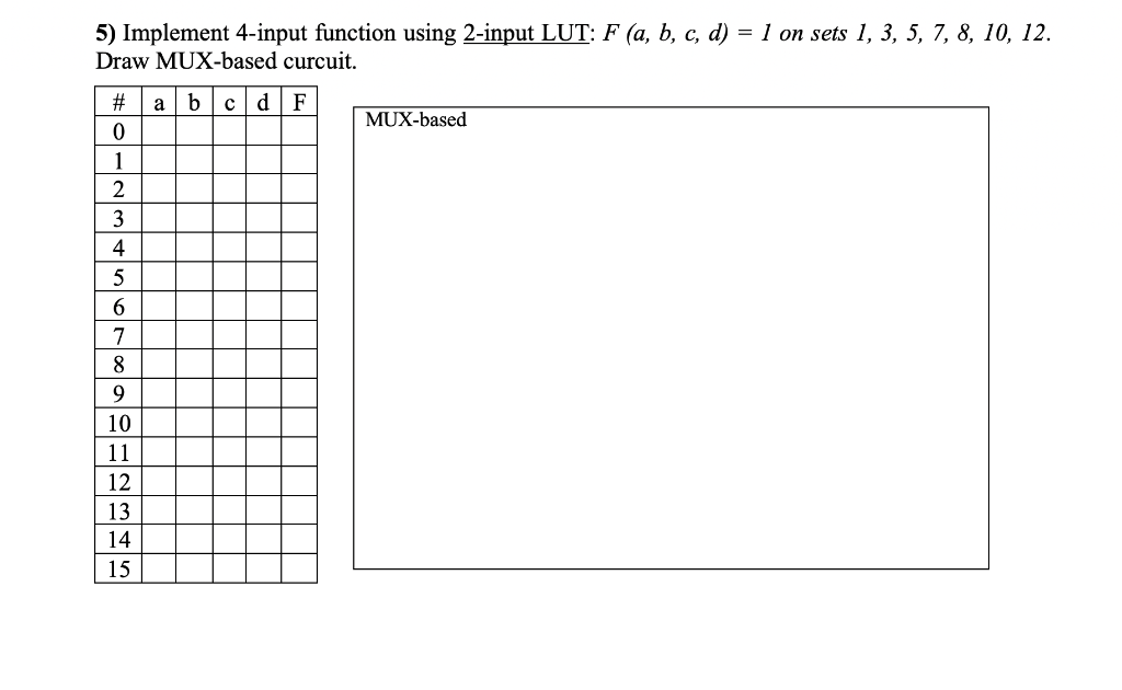 Solved 5) Implement 4-input function using 2-input LUT: F | Chegg.com Solved 5) Implement 4-input function using 2-input LUT: F | Chegg.com