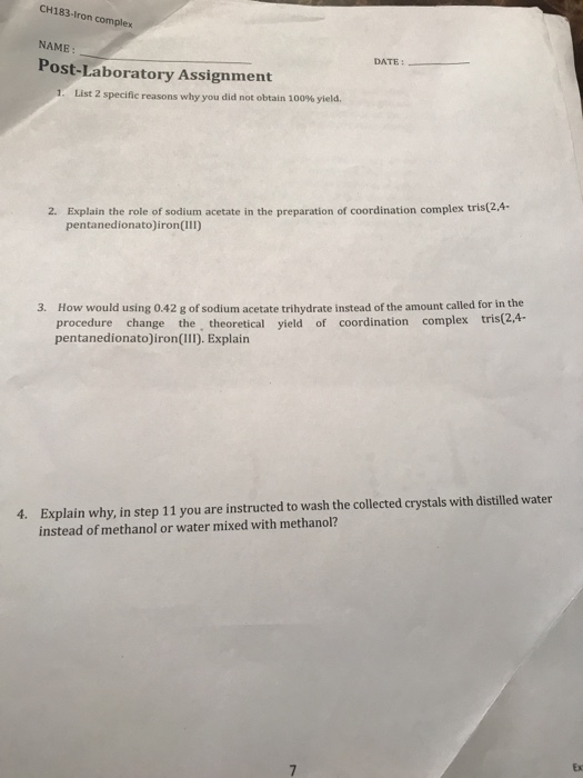 Solved CH183-I Iron complex NAME DATE: Post-Laboratory | Chegg.com