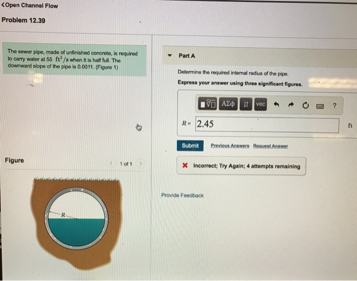 Solved Open Channel Flow Problem 12.39 The sewer pipe, made | Chegg.com