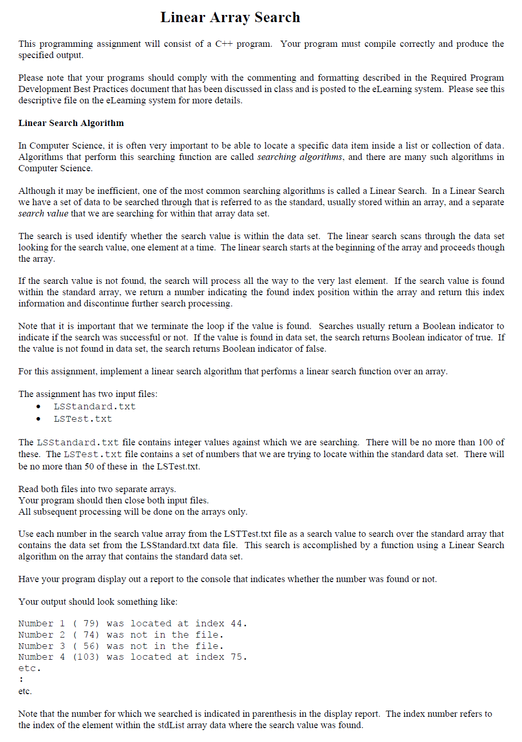 Solved Linear Array Search This programming assignment will | Chegg.com