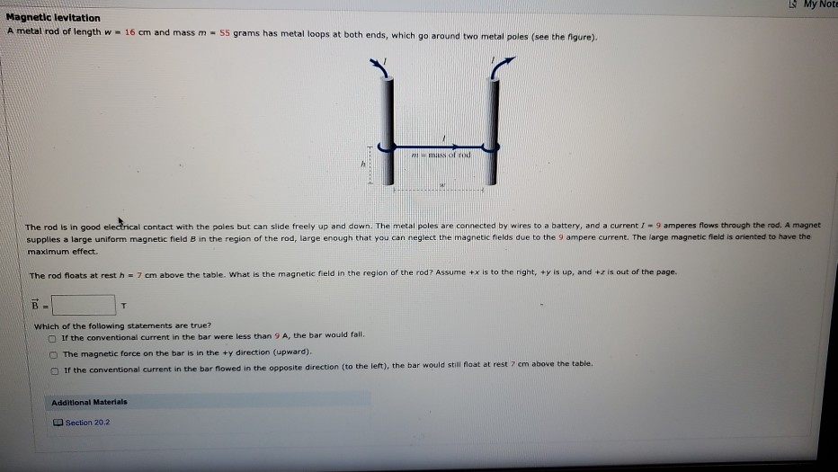 Solved My Note Magnetic levitation A metal rod of length w - | Chegg.com