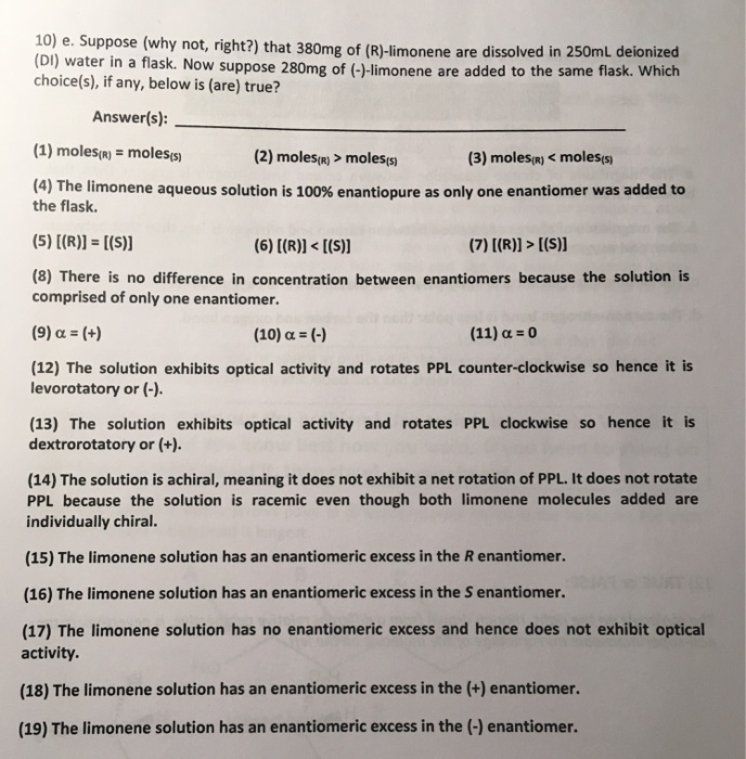 Solved C. An optically active aqueous solution of limonene | Chegg.com