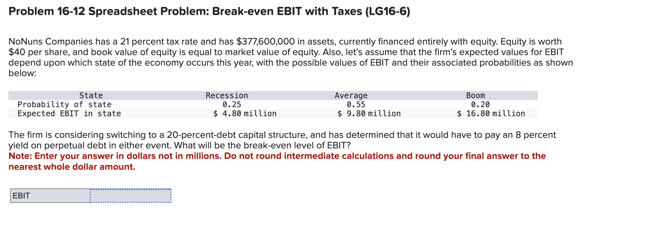 Solved Problem 16-12 ﻿Spreadsheet Problem: Break-even EBIT | Chegg.com