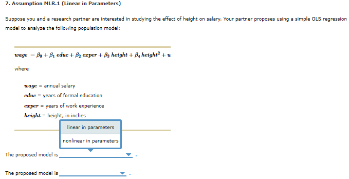 Solved 7. Assumption MLR.1 (Linear in Parameters) Suppose | Chegg.com Solved 7. Assumption MLR.1 (Linear in Parameters) Suppose | Chegg.com