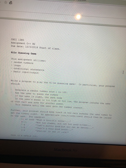 Solved ☆件 CSCI 1380 Assignment C++ #2 Due date: 12/3/2018 | Chegg.com