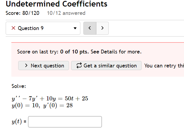 Solved Undetermined Coefficients Score: 80/120 10/12 | Chegg.com