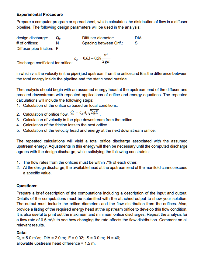 Experiment 7 Outfall Diffuser Objectives: Use | Chegg.com
