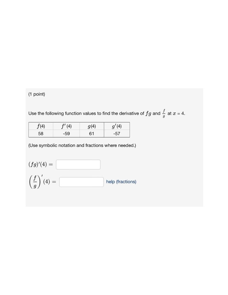 Solved Use the following function values to find the | Chegg.com