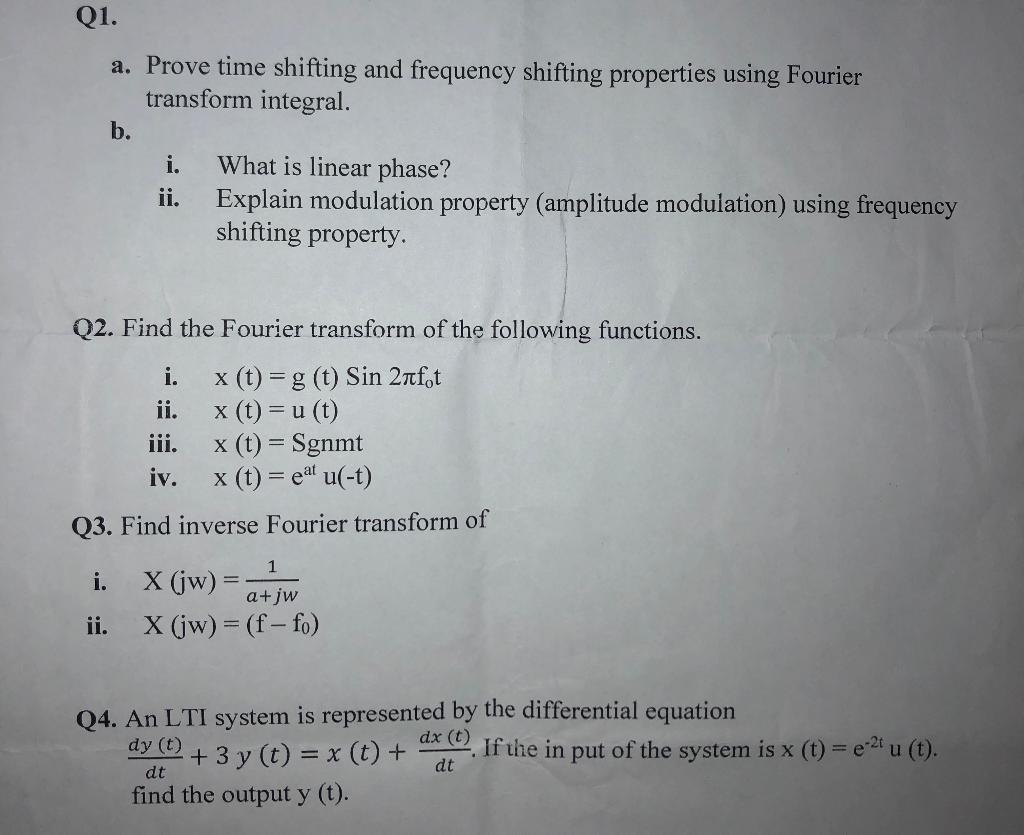 Solved Q1. a. Prove time shifting and frequency shifting | Chegg.com