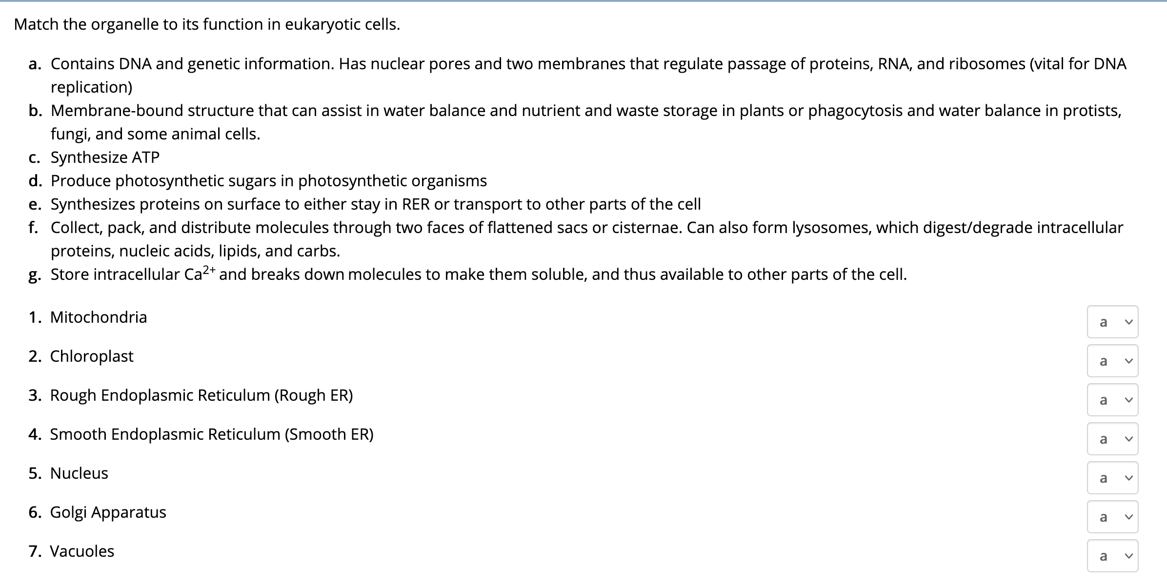Solved Match the organelle to its function in eukaryotic | Chegg.com