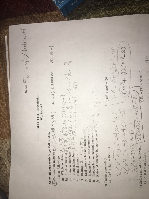 Solved Name: MATH 111 - Precalculus Worksheet 1 Show all | Chegg.com