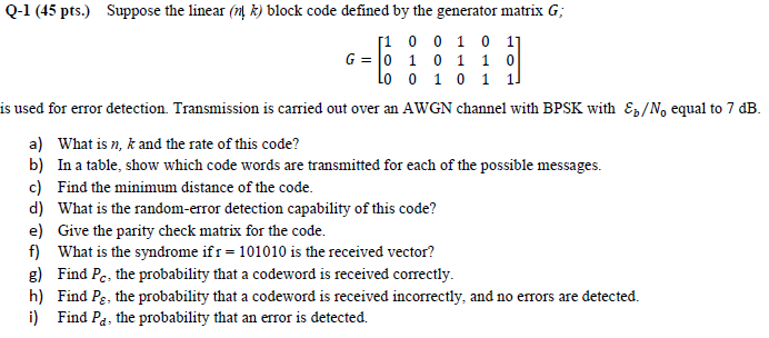 Suppose the linear (n, k) block code defined by the | Chegg.com