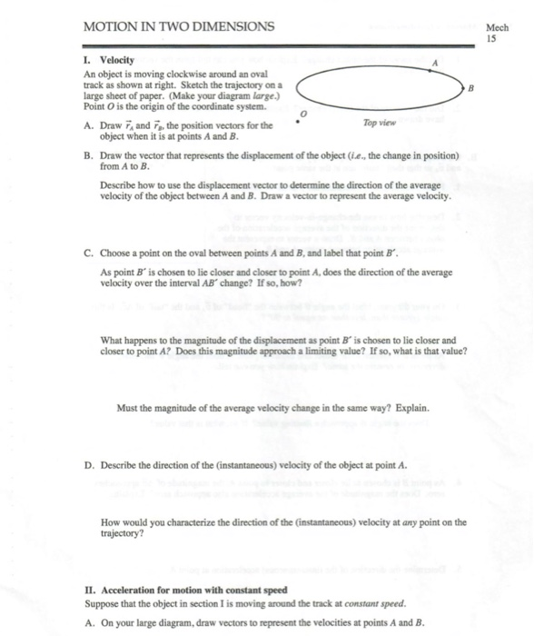 Solved MOTION IN TWO DIMENSIONS Mech 15 I. Velocity An | Chegg.com