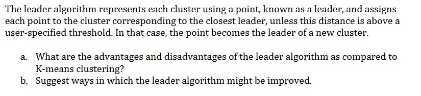 Solved The leader algorithm represents each cluster using a | Chegg.com