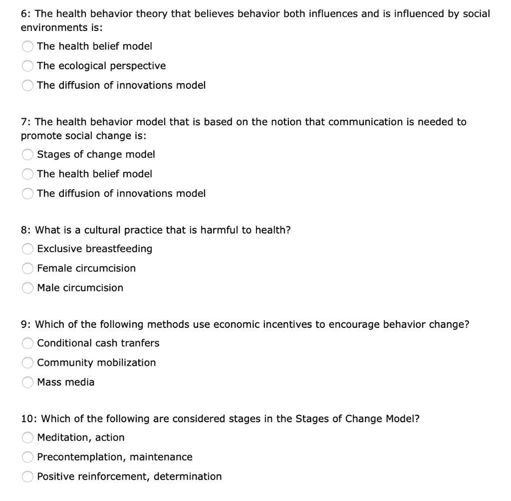 Solved 6: The health behavior theory that believes behavior | Chegg.com