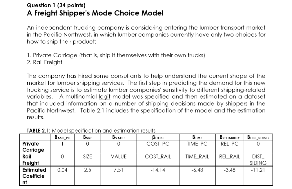 Question 1 (34 points) A Freight Shipper's Mode | Chegg.com