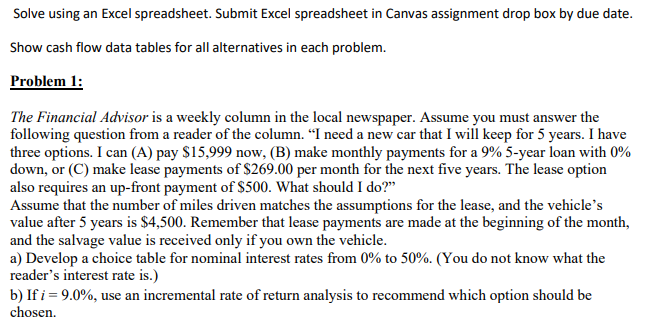 Solve using an Excel spreadsheet. Submit Excel | Chegg.com