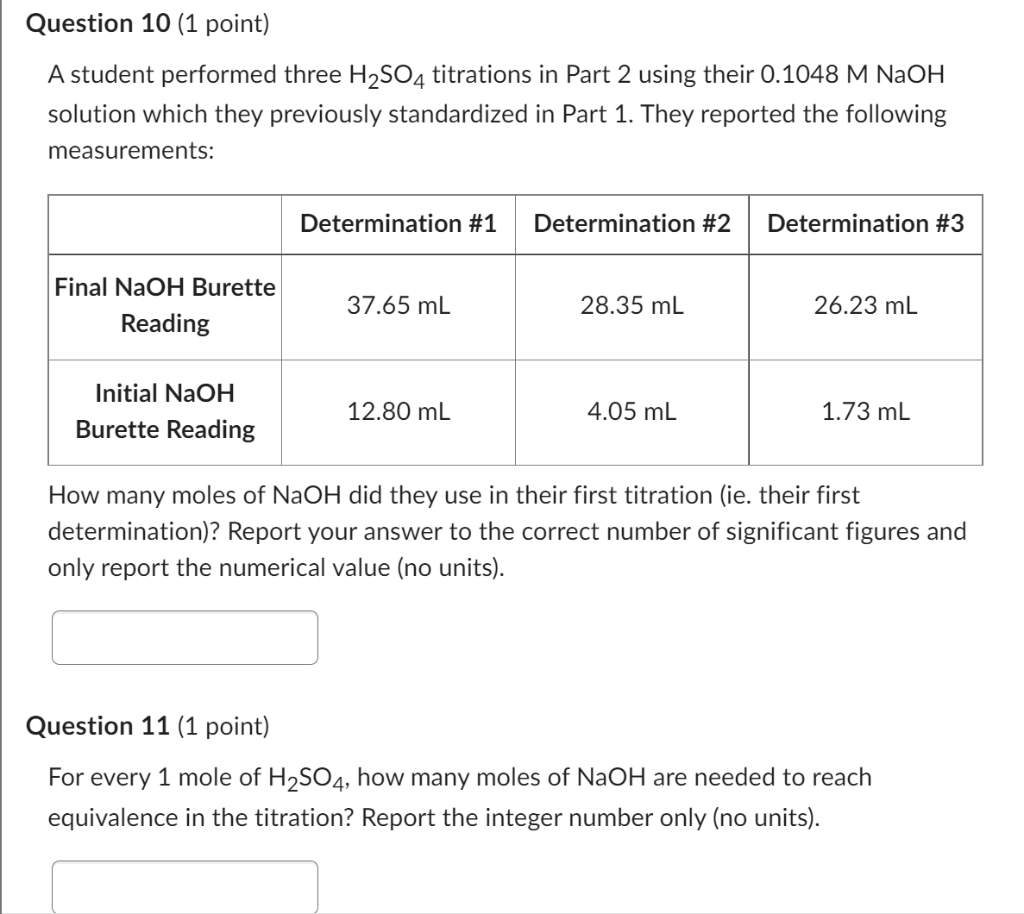 Solved A student performed three H2SO4 titrations in Part 2 | Chegg.com