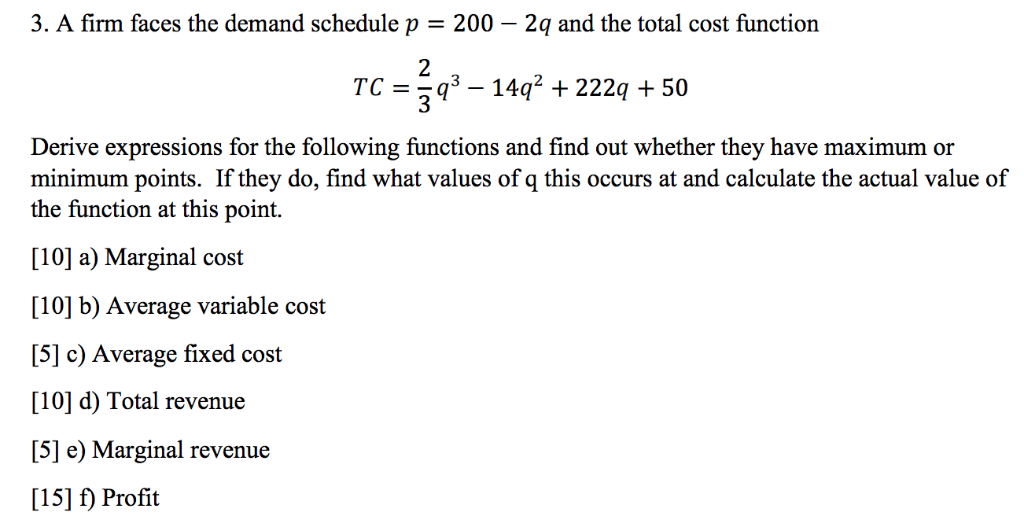 Solved 3. A firm faces the demand schedule p = 200-2q and | Chegg.com