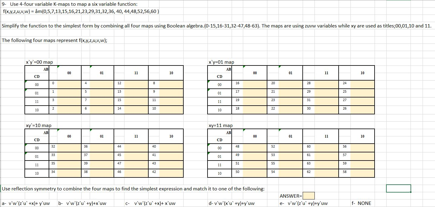 Solved 9- Use 4-four variable K-maps to map a six variable | Chegg.com