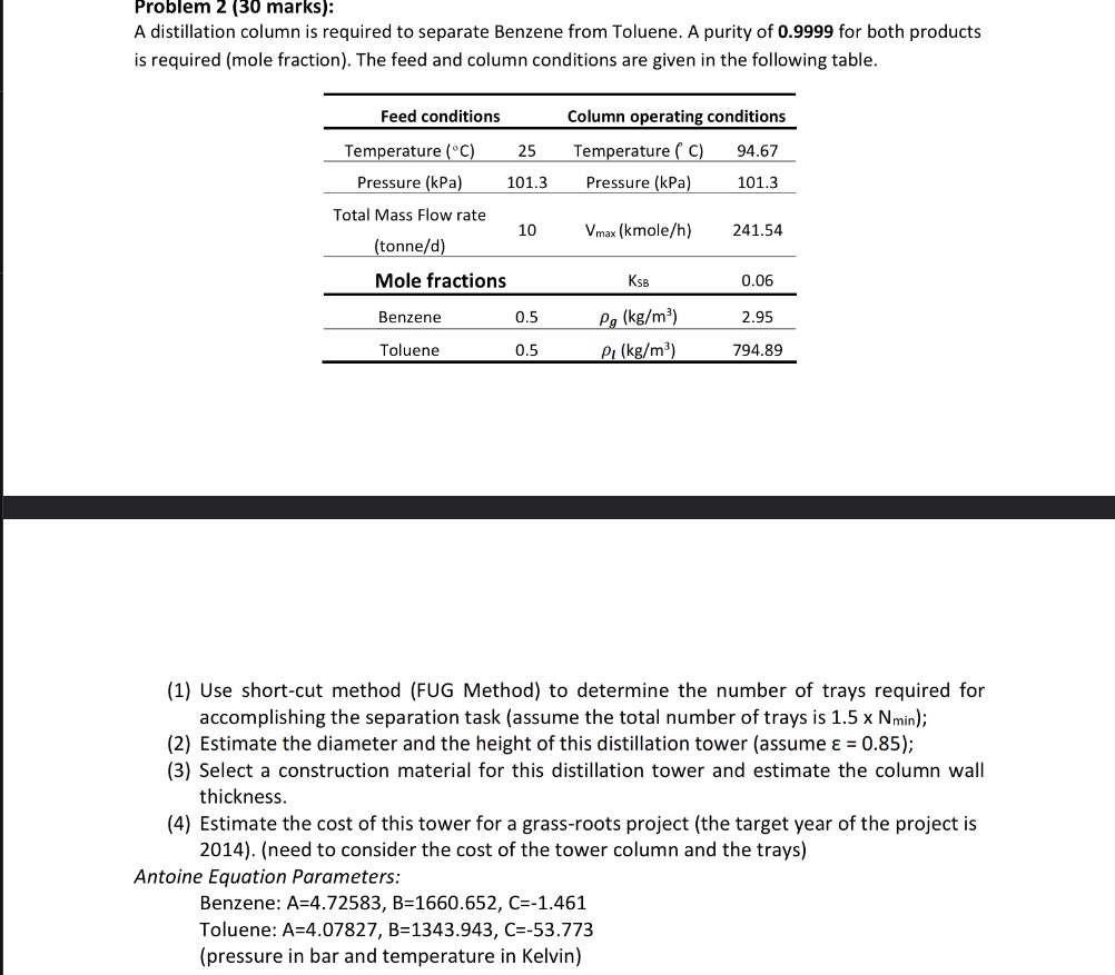 Solved Problem 2 (30 ﻿marks):A distillation column is | Chegg.com