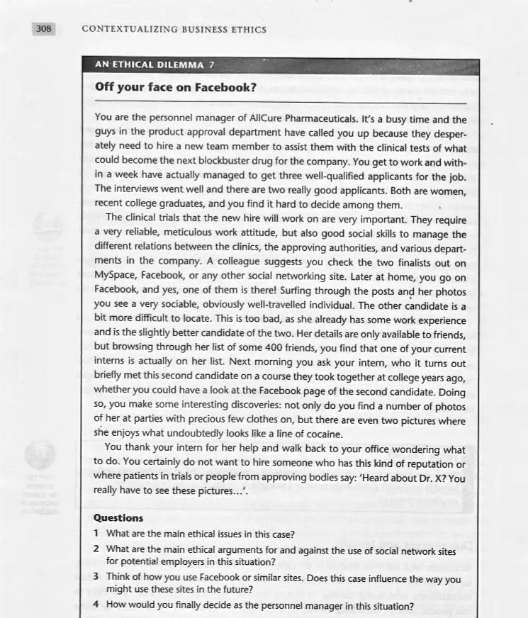 Solved 308 CONTEXTUALIZING BUSINESS ETHICS AN ETHICAL | Chegg.com