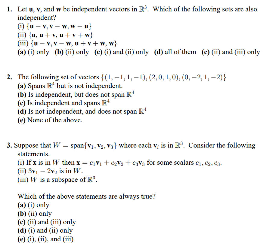 Solved Let u, v, and w be independent vectors in R3. Which | Chegg.com