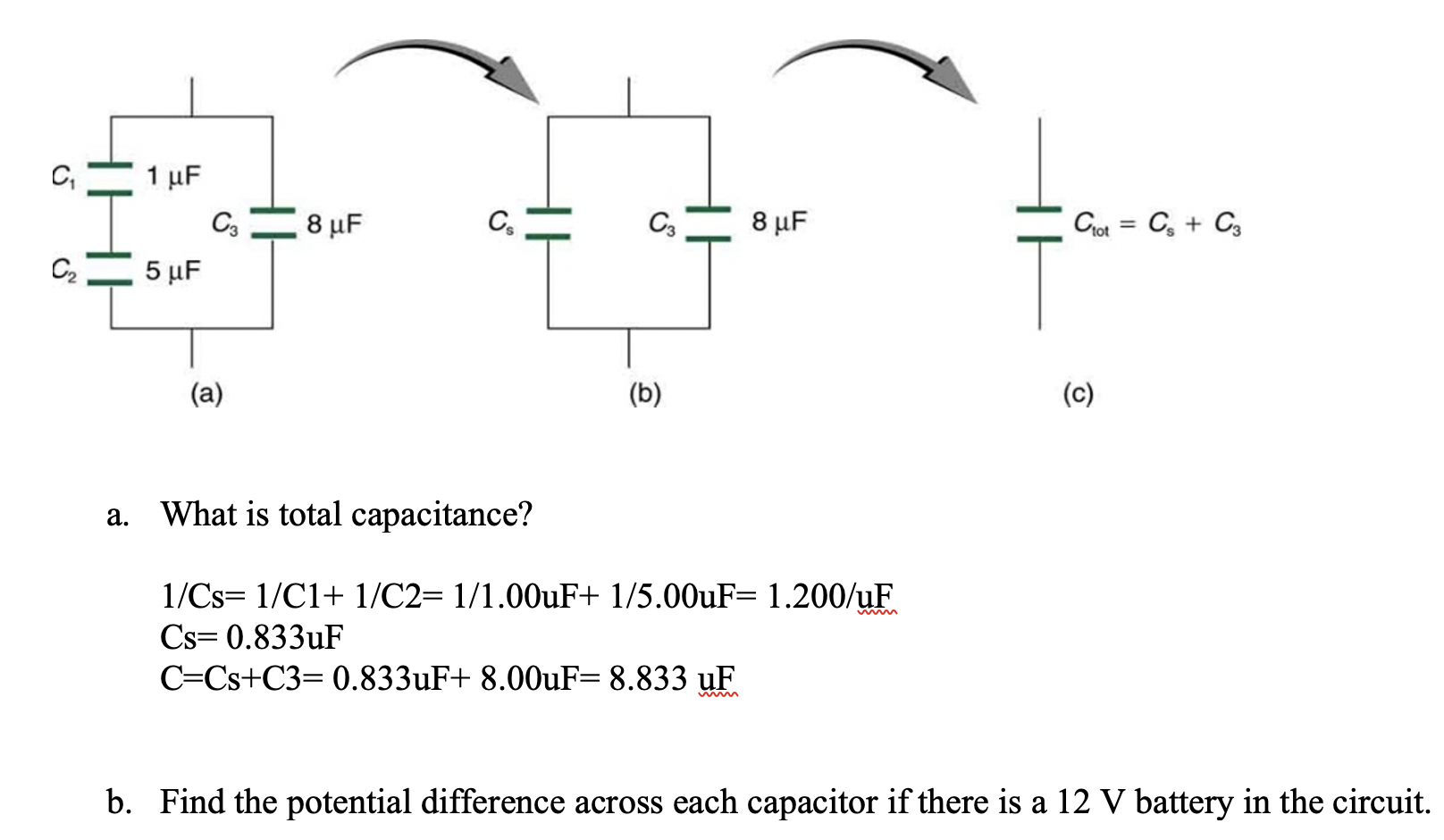 Solved C, 1 1 uF Cz 5 °F 8 uF Cs C3 8 uF Crot = C + C3 C2 | Chegg.com