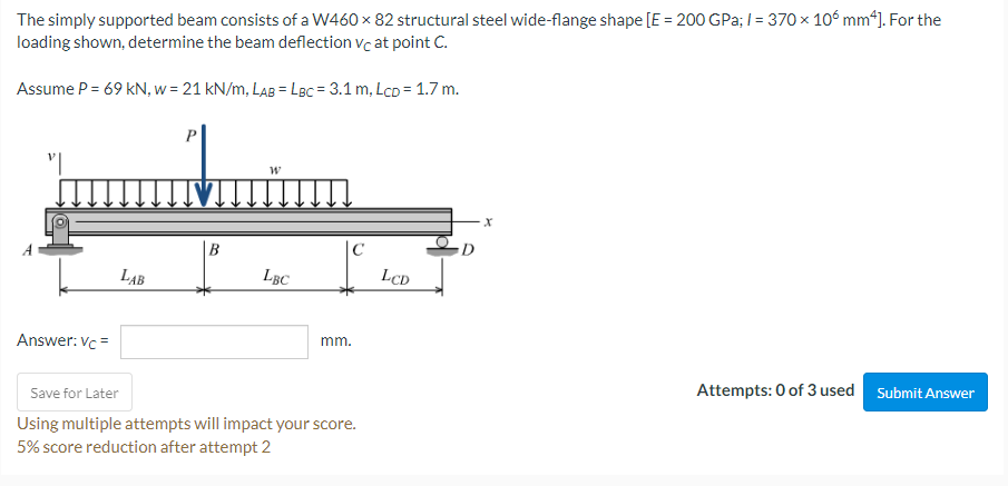 Solved The simply supported beam consists of a W460 x 82 | Chegg.com