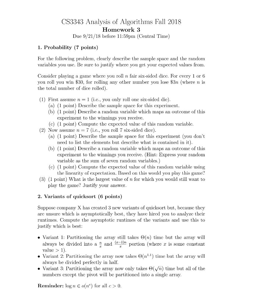 Solved CS3343 Analysis of Algorithms Fall 2018 Homework 3 | Chegg.com