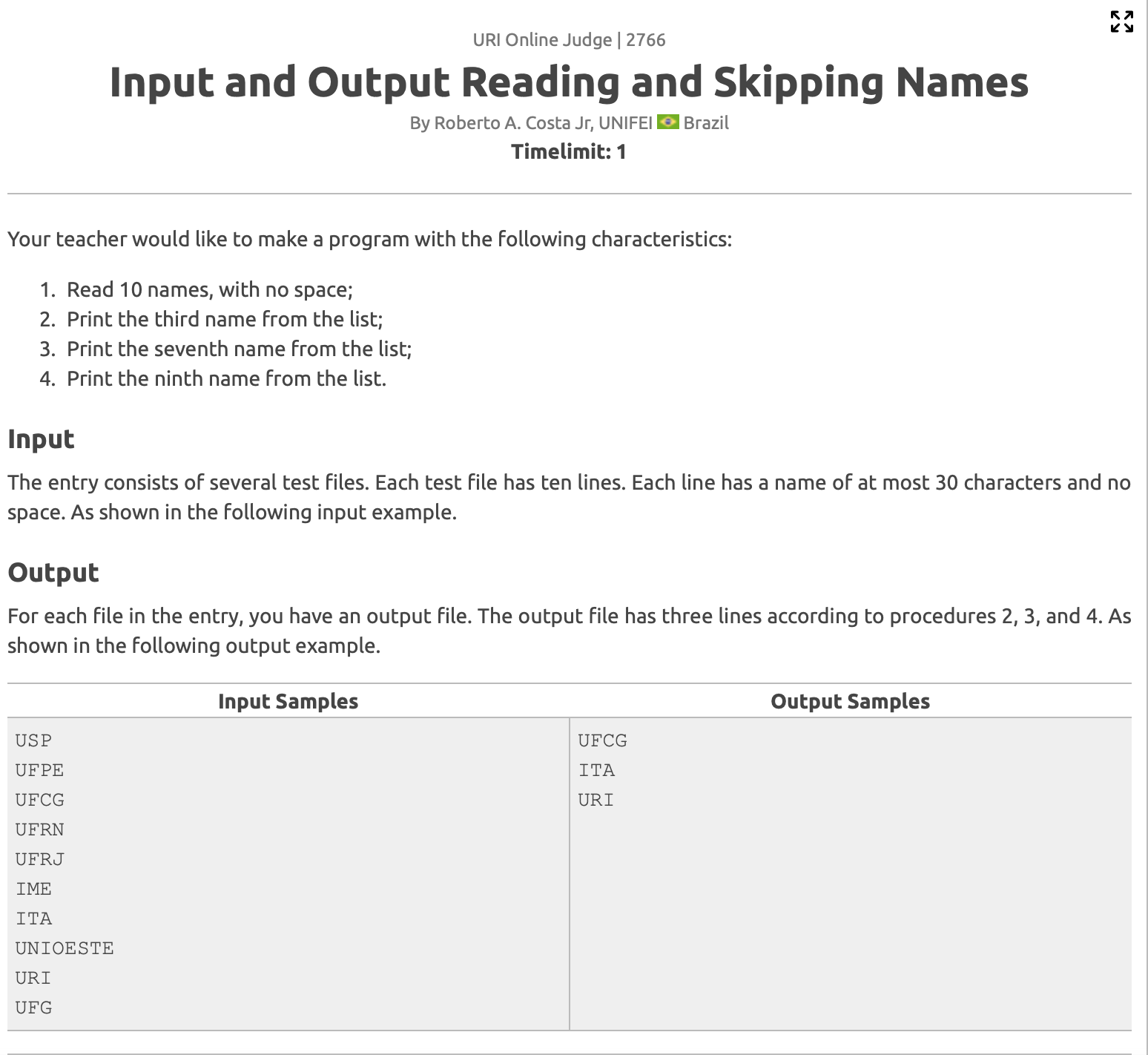 Solved URI Online Judge 2766 Input and Output Reading and | Chegg.com
