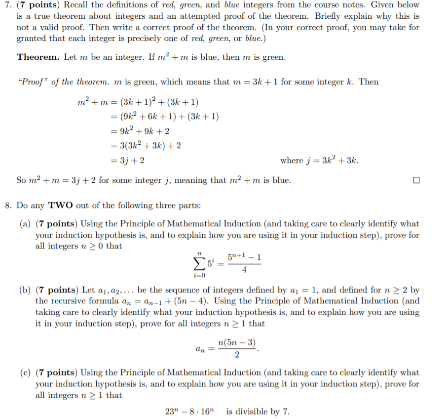 Solved 7. (7 points) Recall the definitions of red, green, | Chegg.com