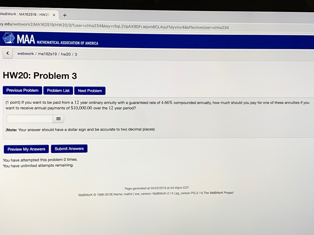 Solved WeBWorK : MA162S19 : HW20 + | Chegg.com