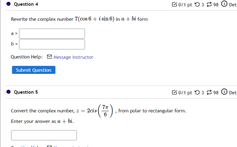 Solved Rewrite the complex number 7(cos6+isin6) in a+bi form | Chegg.com