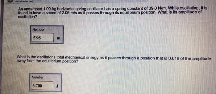 Solved An undamped 1.09-kg horizontal spring oscillator has | Chegg.com