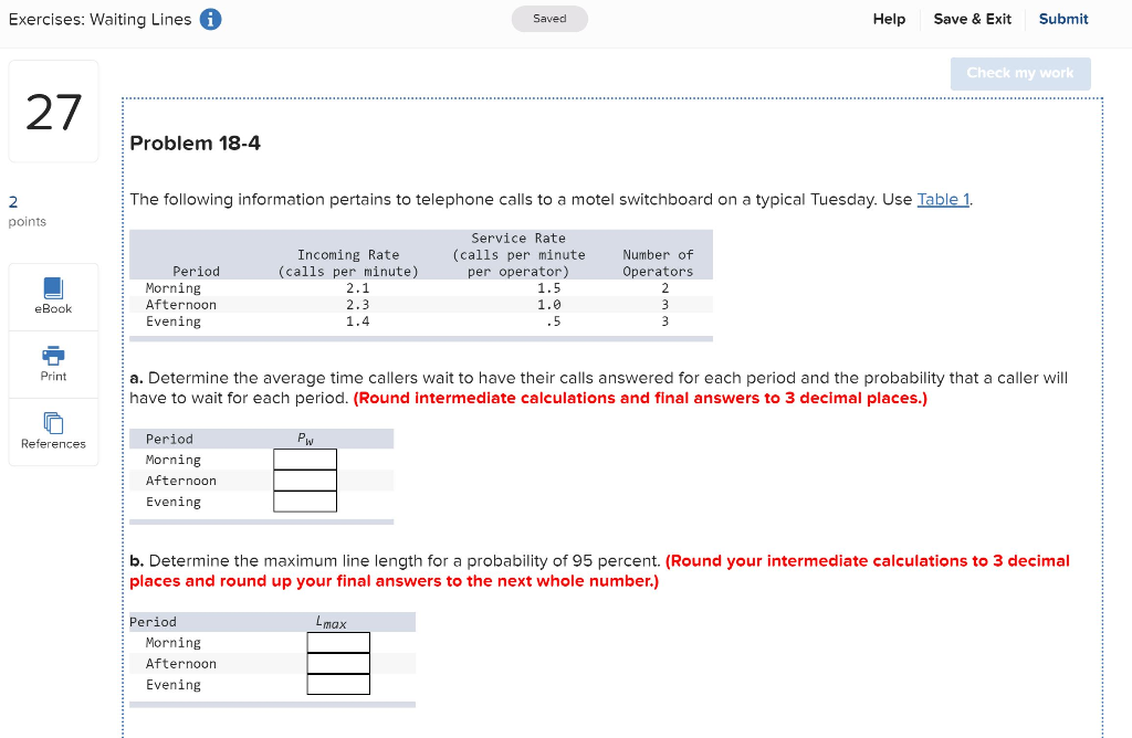Solved Exercises: Waiting Lines i Saved Help Save & Exit | Chegg.com