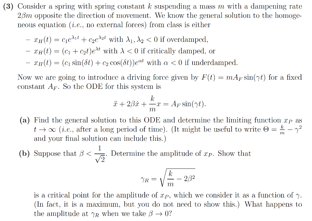 Solved ) Consider a spring with spring constant k suspending | Chegg.com